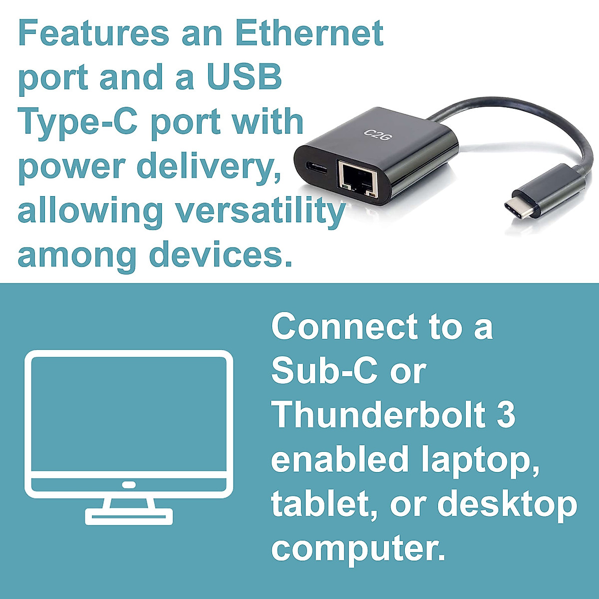 C2G 29749 USB C Adapter and Ethernet Adapter with Power, Black