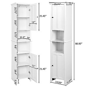 Unovivy Tall Bathroom Storage Cabinet Floor Standing Freestanding Linen Tower with 2 Doors & 6 Shelves, 15.7X 11.8X 66.9 Inches, for Living Room, Kitchen, White