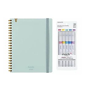 Kokuyo. Soft Ring Notebook Sooofa A5 4mm Grid 80 Sheets Light Blue and Mark⁺ Two Way Color Marker 5-Pack(Pink,Blue,Green,Purple, and Yellow) Set