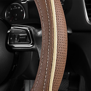CAR PASS Line Rider Delux Leather Steering Wheel Cover, Universal Fit for Suvs,Sedans,Vans,Trucks for 14.5" to 15"(Brown & Beige)