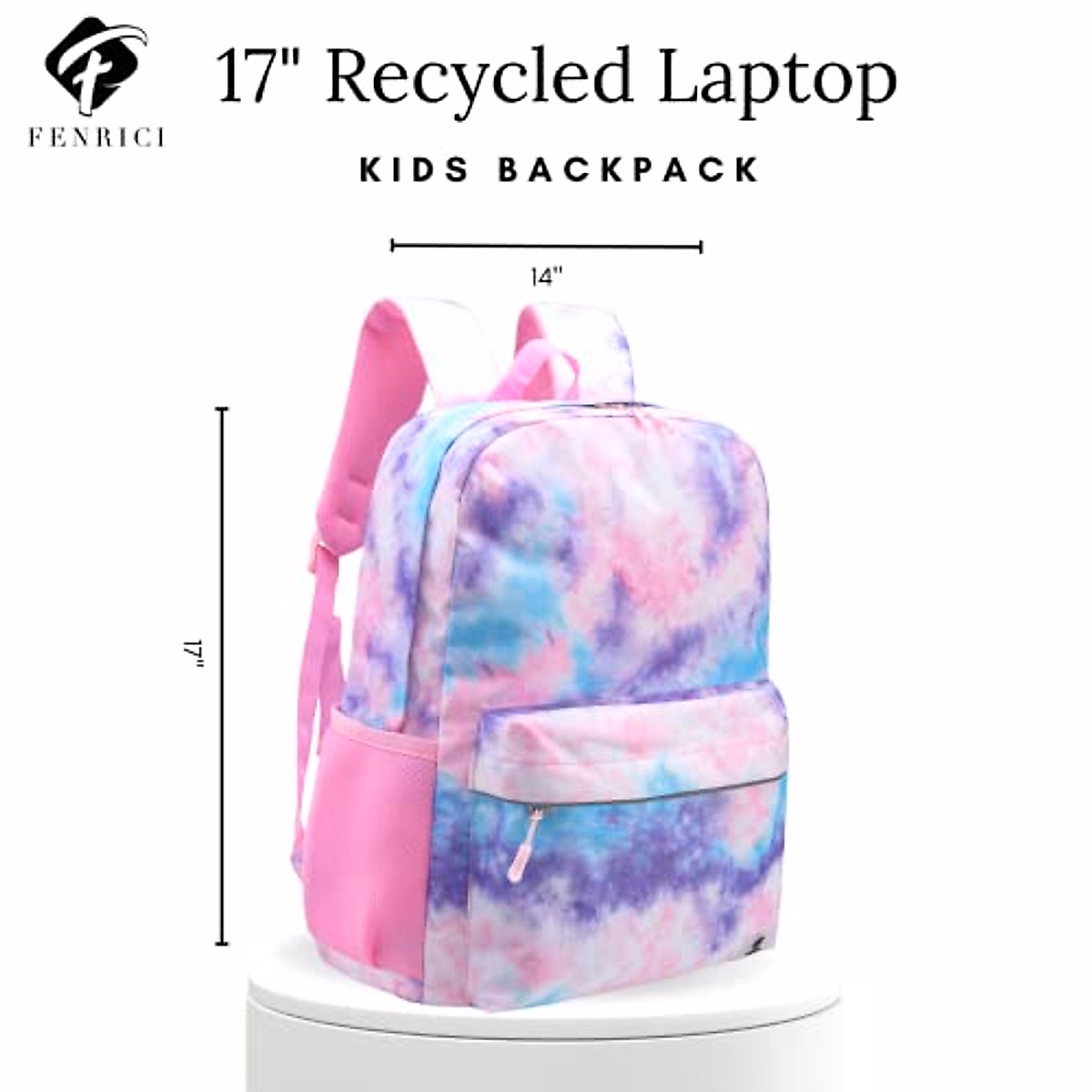 Fenrici Kids Backpack for Girls, Teens Recycled School Bag With Padded Laptop Compartment, Ideal for Everyday Use and Travel - 17 Inches (Pink Tie Dye)