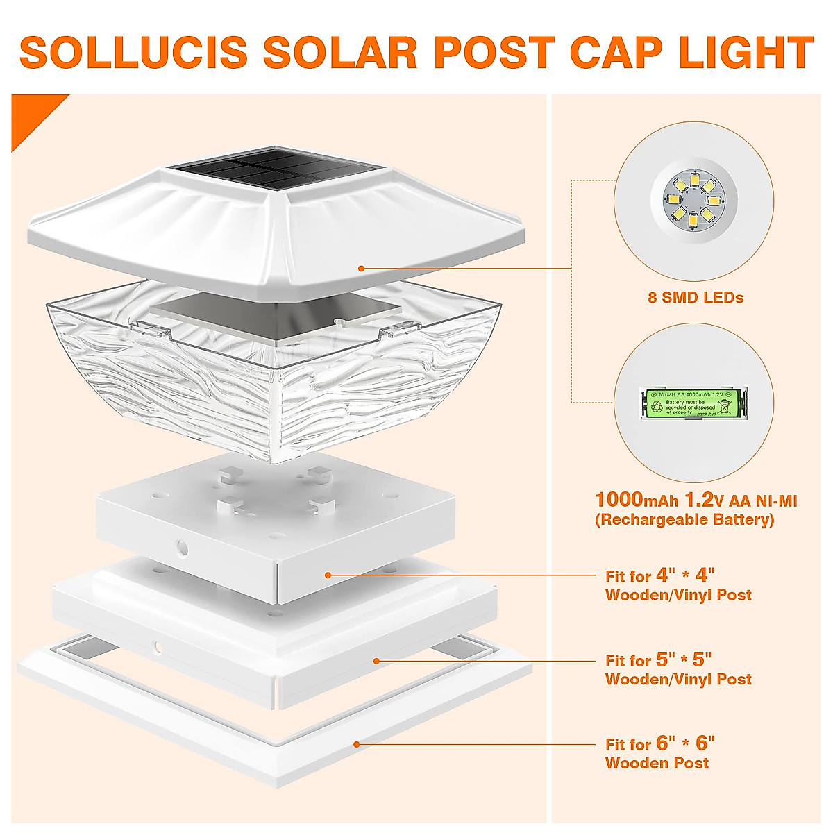 SOLLUCIS Solar Post Cap Lights, Large 8 LEDs 2 Modes Fence Post Solar Lights Outdoor Waterproof for 4x4 5x5 6x6 Vinyl Wooden Deck Fence Posts Patio Garden Decor, Warm/Cool White (6 Pack, White)