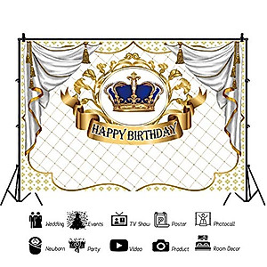 DORCEV 6x4ft Royal Prince Happy Birthday Backdrop Newborn Boys 1st Birthday Party Photography Background Luxurious Blue Gold Crown Lattice Curtain Texture Decor Banner Cake Table Decor Wallpaper