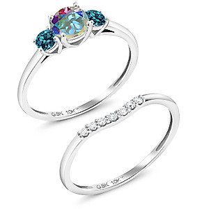 10K White Gold Mercury Mist Mystic Topaz and London Blue Topaz and White Lab Grown Diamond 3-Stone Bridal Engagement Wedding Ring Set For Women (0.88 Cttw, November Birthstone, Round 5MM, Size 9)