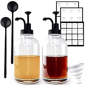 KHK Home Products | Coffee Syrup Dispensers for Coffee Bar | Waterproof Labels | Two Stainless Steel Coffee Spoons for Coffee Bar Accessories | Glass Syrup Bottle w/Pumps | Set of 2 | Black