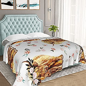 LIANGMING Spring Pink Floral Scottish Highland Cow Blanket Smooth Soft Print Throw Blanket for Sofa Chair Bed Office 60x50, White