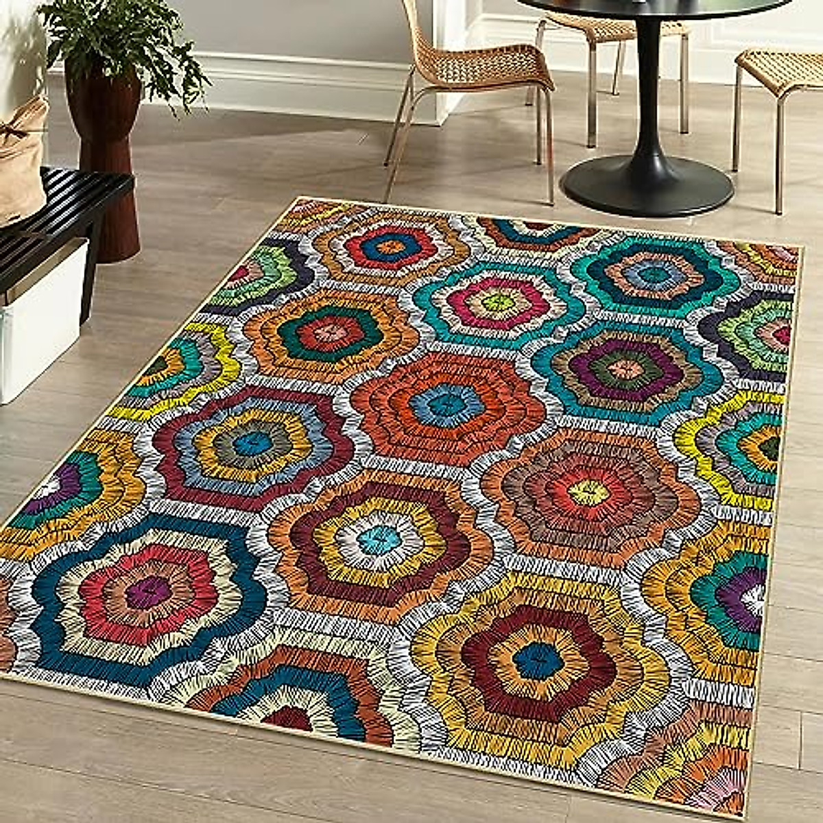 Boho Patchwork Geometric Print Area Rug Ethnic Tribal Bohemian Style Accent Rugs Colorful Non Slip Washable Floor Carpet for Living Room, Bedroom, 5x8 feet