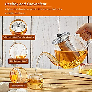 42oz/1250ml Glass Teapot, Glass Tea Kettle with Removable Stainless Steel Infuser, Stovetop Safe Tea Pot for Blooming and Loose Leaf Tea, Tea Maker Gift