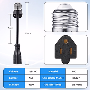 Feekoon 3 Outlet Light Socket Adapter, Convert E26/E27 Bulb Socket to 3 Prong Outlet with Extension Cord, Flexible Light Socket Converter Suitable for Indoor Outdoor Porch Garage Patio Use (Black)