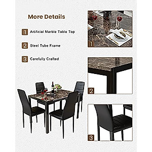 Recaceik Furniture 5 Piece Faux Dining Set, Modern Kitchen Table Marble Top and High Chairs for Breakfast Nook Small Spaces(Brown)