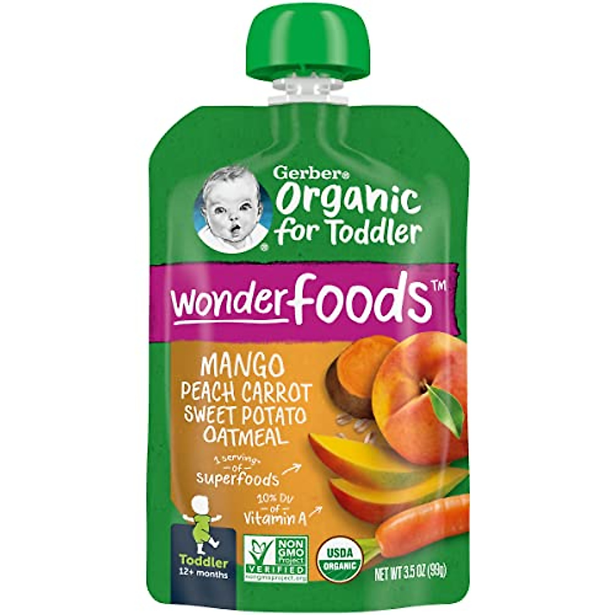 Gerber Organic for Toddler Wonder Foods Toddler Food Pouches, Mango Peach Carrot Sweet Potato Oatmeal, Organic & Non-GMO, 3.5 Ounce Pouches (Pack of 6)