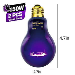 REPTIZOO 2PCS Reptile Heat Lamp, 150W Night Heat Lamp Moonlight Bulb Purple Infrared Heating Lamp Simulate Natural Moonlight Night Heat Bulb for Reptile Amphibian
