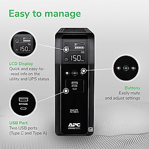 APC UPS 1500VA Sine Wave UPS Battery Backup, BR1500MS2 Backup Battery Power Supply, AVR, 10 Outlets, (2) USB Charger Ports