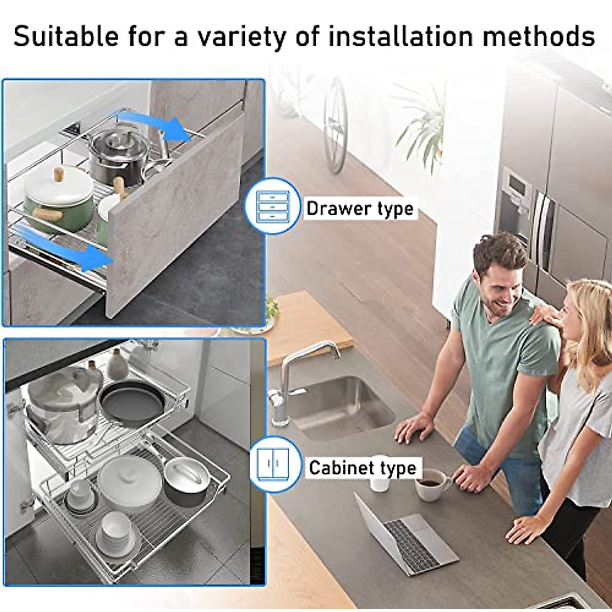 MYOYAY 2Pcs Pull Out Cabinet Organizer Bowls Dishes Storage Shelf Extendable Sliding Kitchen Drawer Heavy Duty Seasoning Cutlery Cookware Storing Basket Home Dining Organization