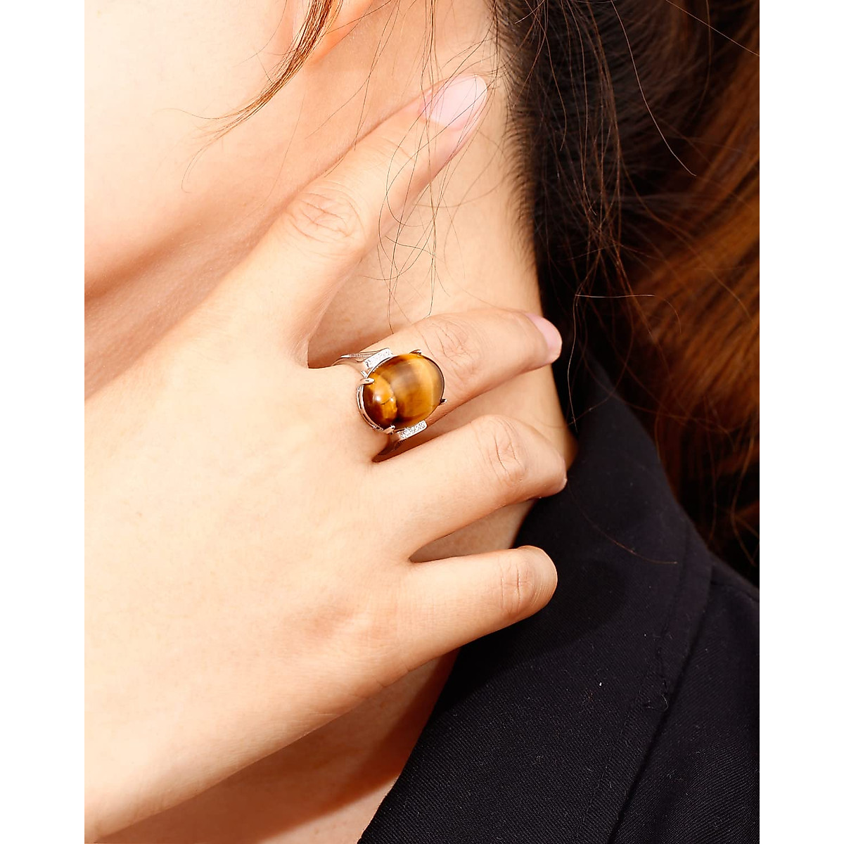 Jewever 925 Sterling Silver Rings for Women Men Genuine Tiger Eye Stone Anxiety Ring Open Adjustable Unisex Jewelry (7-10#)