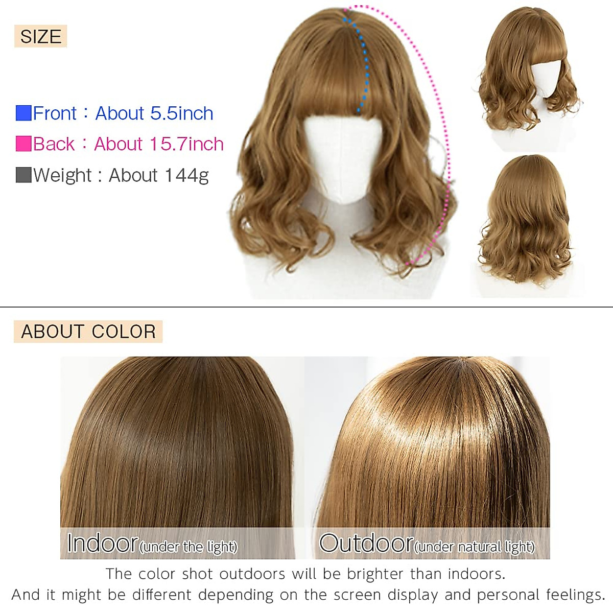 ブライトララ BRIGHT LELE Natural Full Medium Wavy Hair Wigs With Bangs for Women Synthetic Curly Hair Wig for Daily Party Cosplay Wig HF617-NB