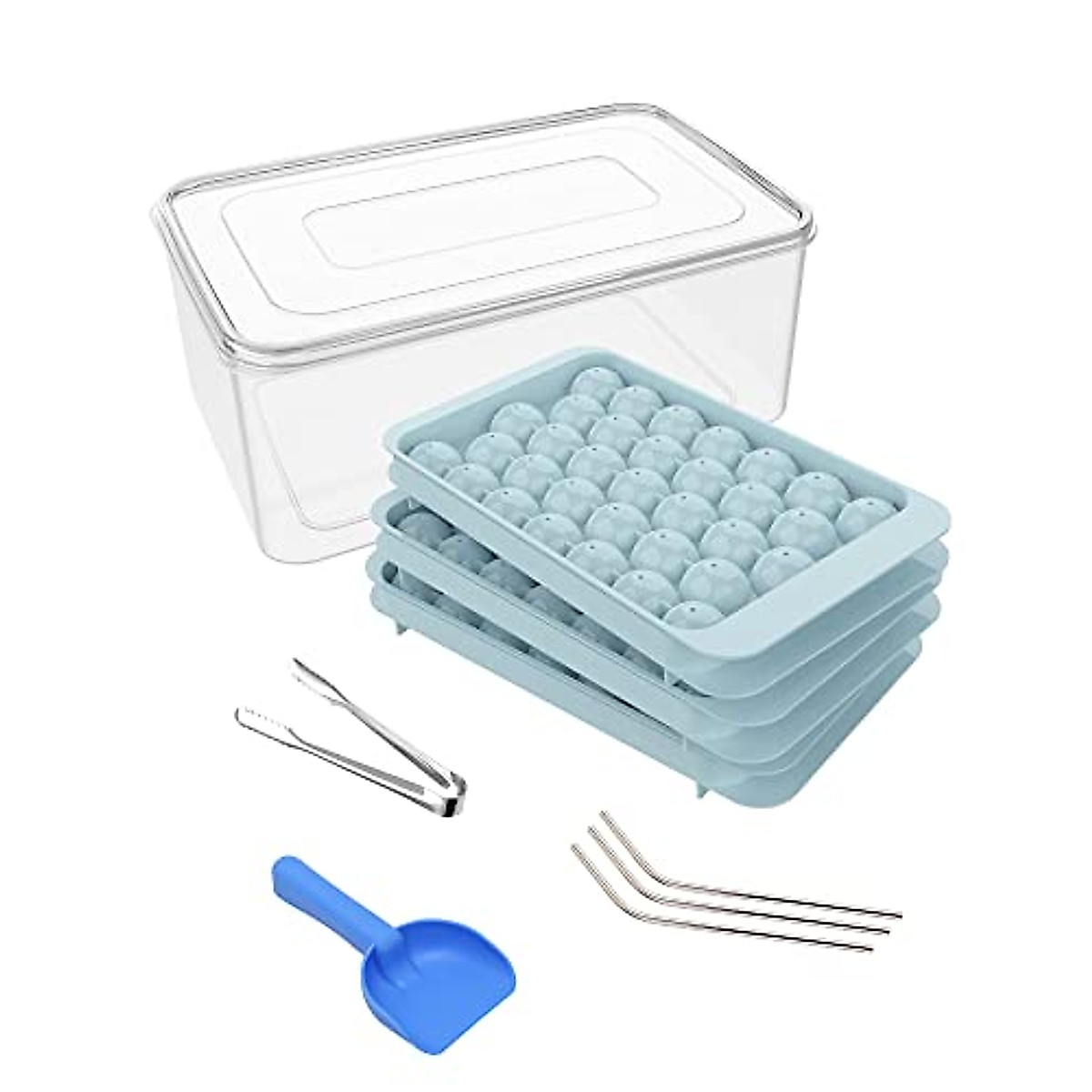 EWRITN Ice Cube Tray, Round Ice Ball Maker for Freezer,Circle Ice Trays Making 99pcs with Sphere Ice Balls Chilling Drinks （3Pack Blue Trays, 3 Steel Metal Straws,1 Ice Bucket Scoop & Tong）