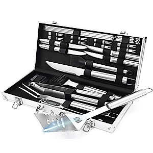 POLIGO Grill Tools Set,25Pcs Stainless Steel Grilling Accessories with Portable Case,Spatula, Tongs&Meat Knives and Fork for Dad Gifts,Professional BBQ Tools Set for Men Outdoor Camping/Backyard