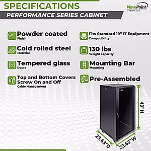 NavePoint 22U Server Cabinet Wall Mount Rack Enclosure with Caster Wheels, 2 Fans, Locking Glass Door, Removable Side Panels – 22U Network Cabinet 23.6” Deep, 19” Server Rack for A/V Equipment