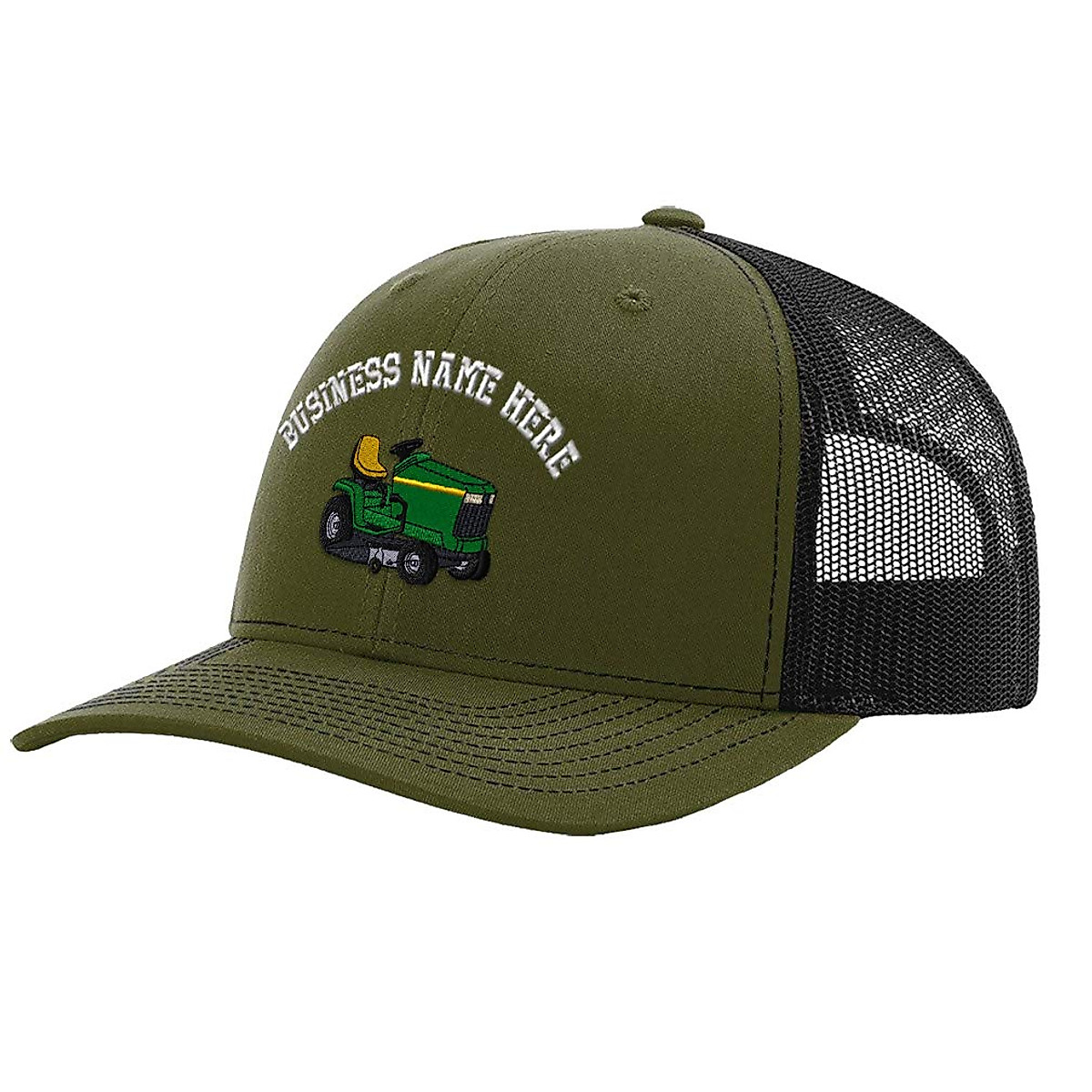 Custom Richardson Trucker Hat Riding Lawn Mower C Embroidery Business Name Polyester Baseball Mesh Cap Snaps - Loden/Black, Personalized Text Here