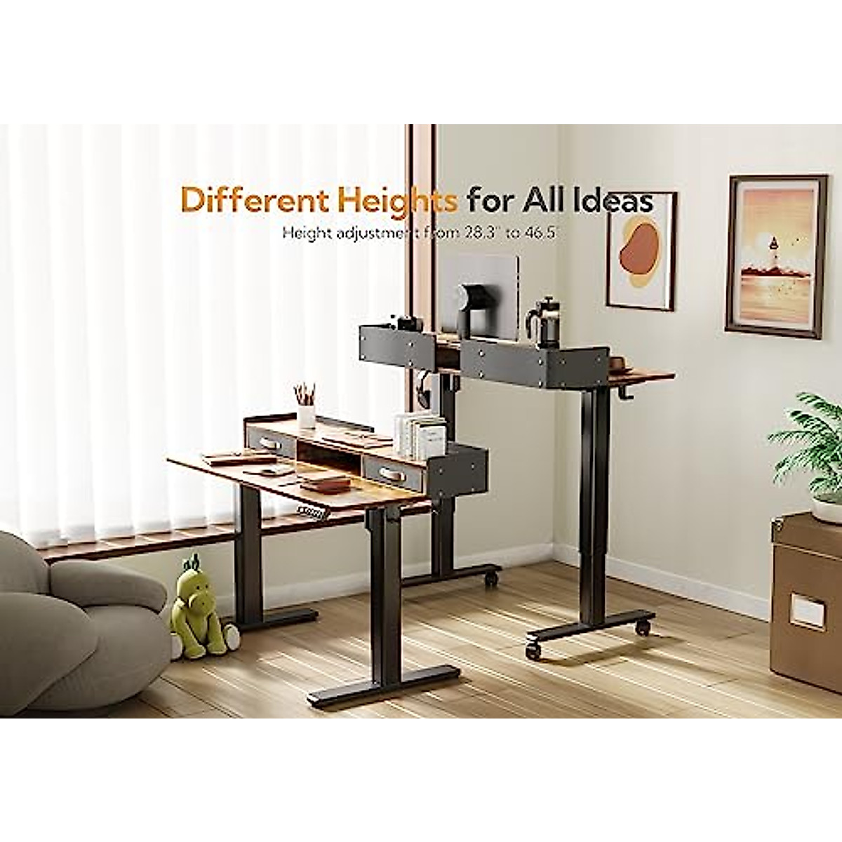 Claiks Standing Desk with Drawers, Stand Up Electric Standing Desk Adjustable Height, Sit Stand Desk with Storage Shelf and Splice Board, 48 Inch, Rustic Brown