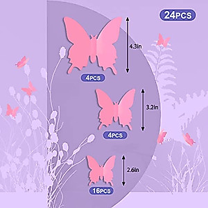 AMMON Butterfly Room Decorations 24 Pcs 3D Wall Decor Pink 3 Sizes Decal for Birthday Party Cake Mural Sticker Removable Room Wall Art Stickers for Kids Nursery Classroom Bedroom Living Room Party Wedding