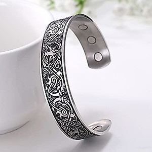 cooltime Ancient Nordic Tree of Life Odin's Raven Magnetic Bracelet Cuff (silver black)
