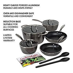 Cooking Light Inspire Non-Stick Cookware Set, Dishwasher Oven Safe Pots and Pans, Steam Vented Glass Lids, 2 Nylon Tools Included, 10 Piece, Gunmetal Gray