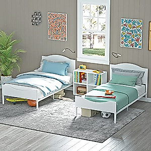 Timy Kids Twin Bed Frame with Wooden Headboard and Footboard, Metal Platform Bed Frame for Boys Girls Teens Adults, Modern Kids Bed Furniture, No Box Spring Needed, White