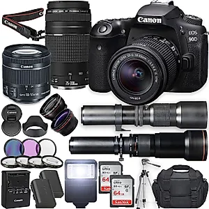 Canon EOS 90D DSLR Camera with EF-S 18-55mm f/4-5.6 is STM + EF 75-300mm f/4-5.6 III + 500mm f/8 Focus + 650-1300mm f/8 Zoom Lenses + 2 Pc 64GB Memory Cards + Tripod + Case + Flash & More