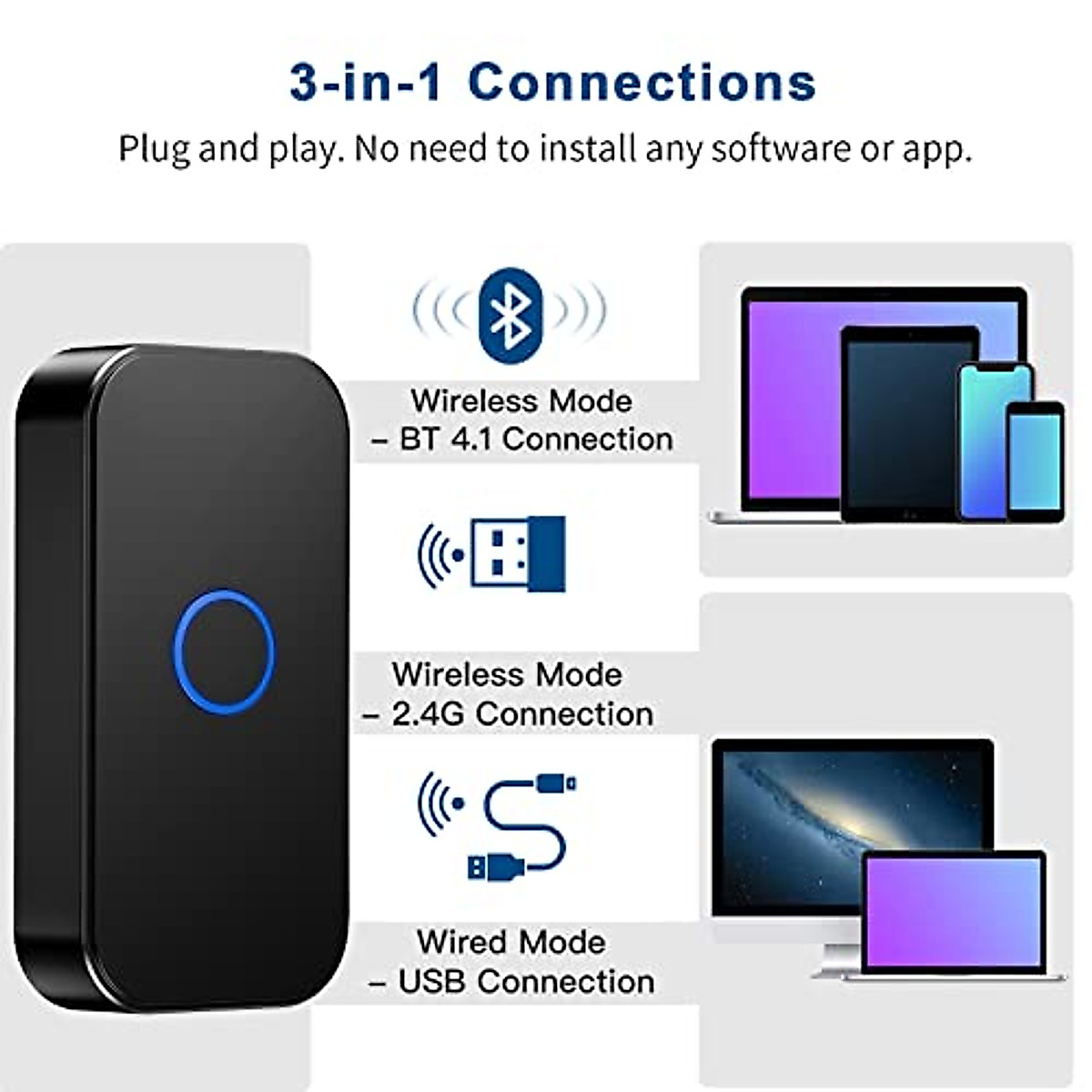 2D Bluetooth Barcode Scanner Wireless Bar Code Scanner QR 3-in-1 Bluetooth/USB Wired/2.4G Wireless Barcode Reader 1D QR Code Scanner for Inventory Code Image Reader for Tablet iPhone iPad Android PC
