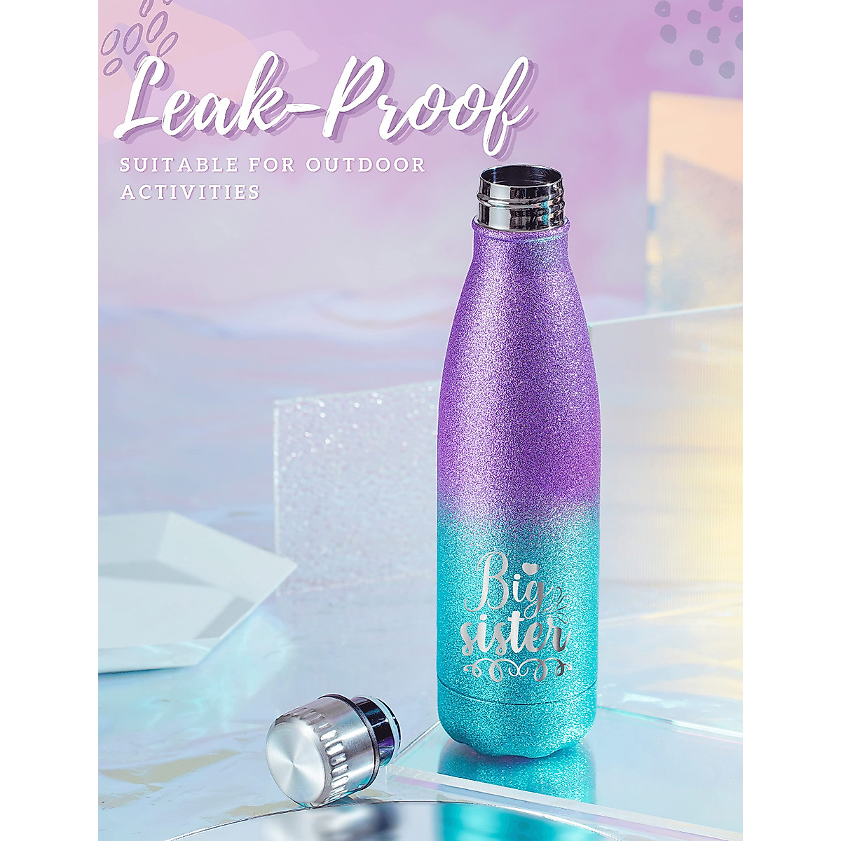 Onebttl Big Sister Gifts for daughter, Insulated Stainless Steel Water Bottle, For Big Sis on Birthday/Pregnancy announcement, 17 oz, Violet-Blue Gradient Glitter