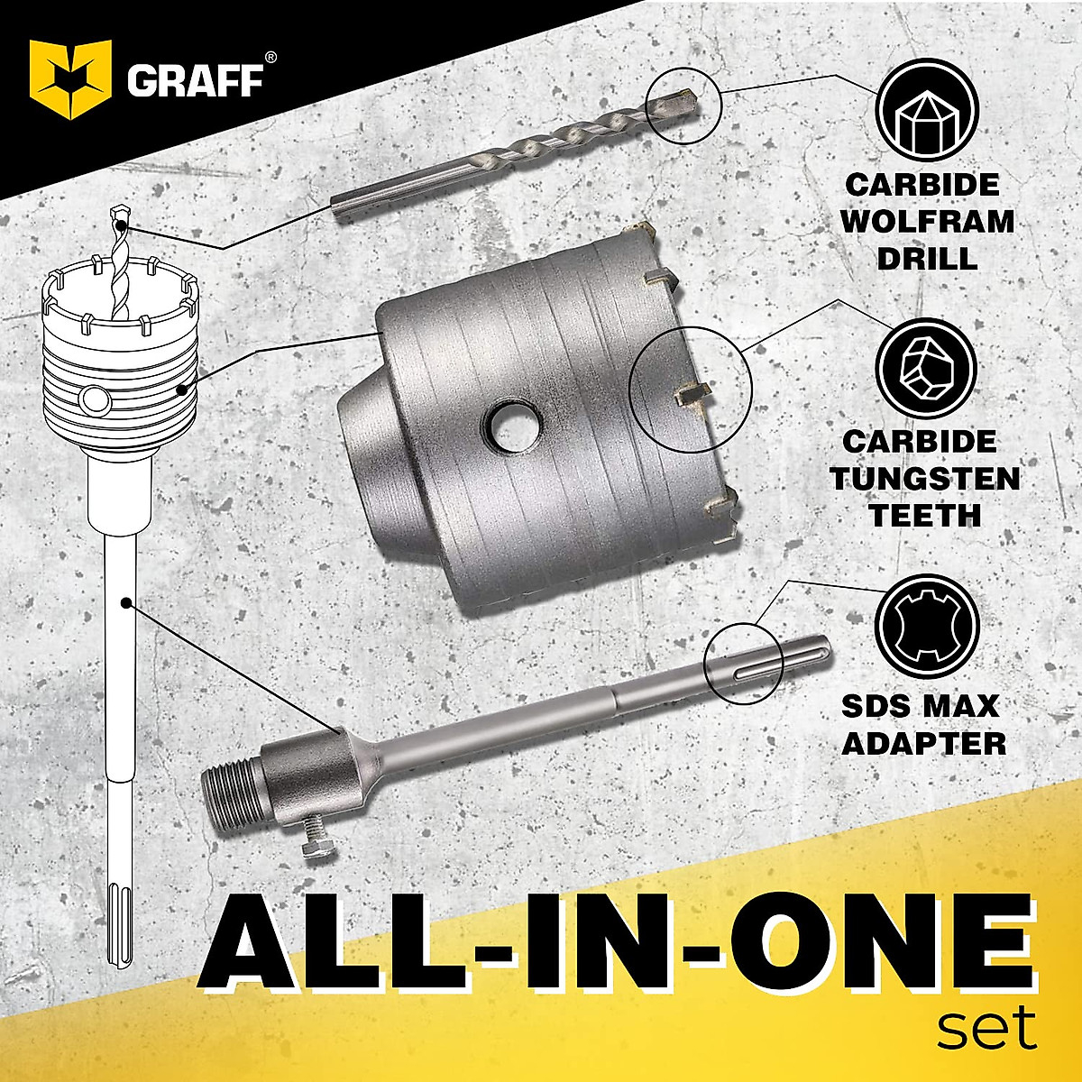 GRAFF 4 Inch SDS Max Rotary Hammer Core Bit - Core Drill Bit for Concrete, Masonry, Cement, Silicate Brick - Concrete Hole Saw with SDS Max Shank 20'' (500mm) and Center Drill