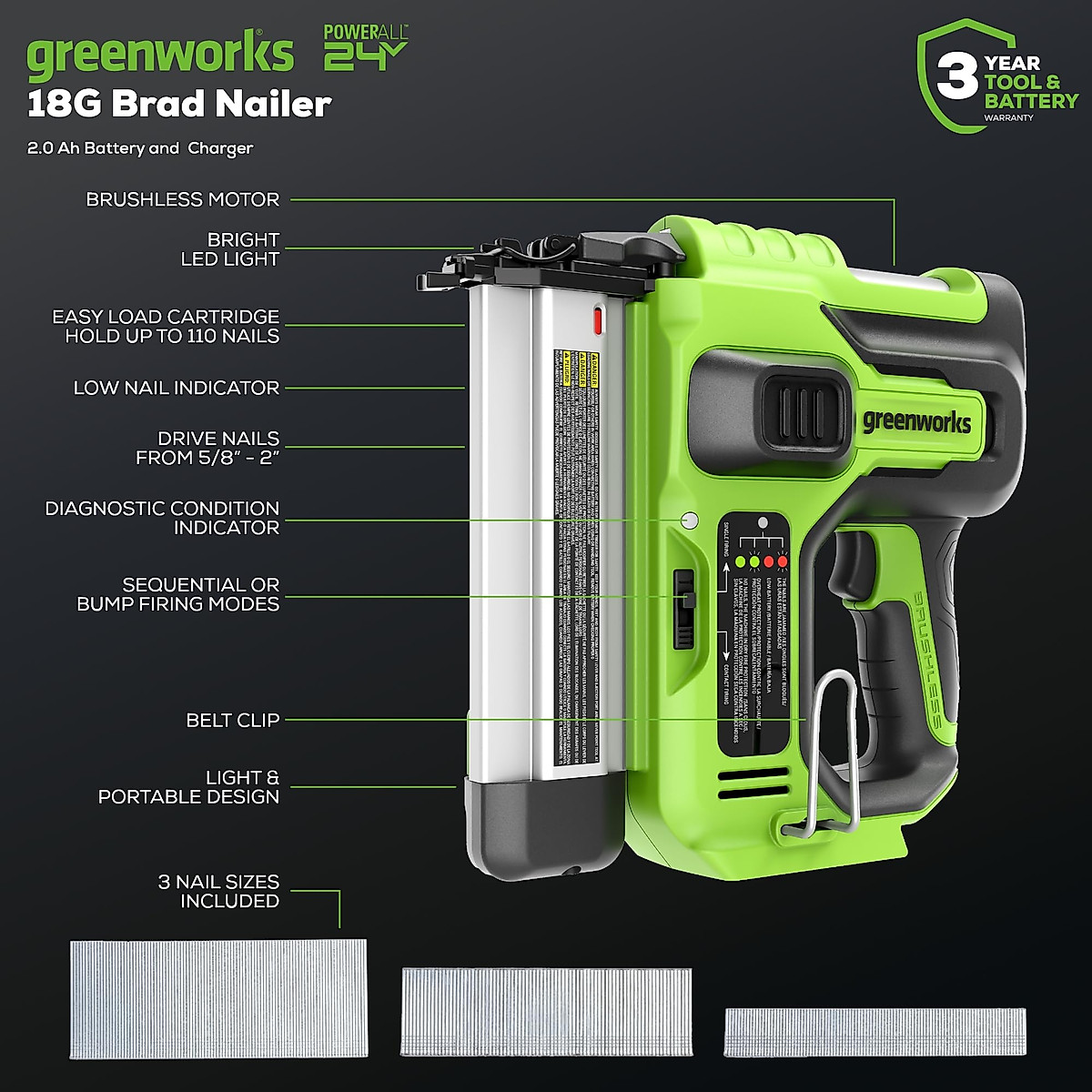Greenworks 24V 18 Gauge Brushless Brad Nailer Gun, Cordless Finish Nailer, Staple Gun Cordless with 2Ah Battery and 2A Charger
