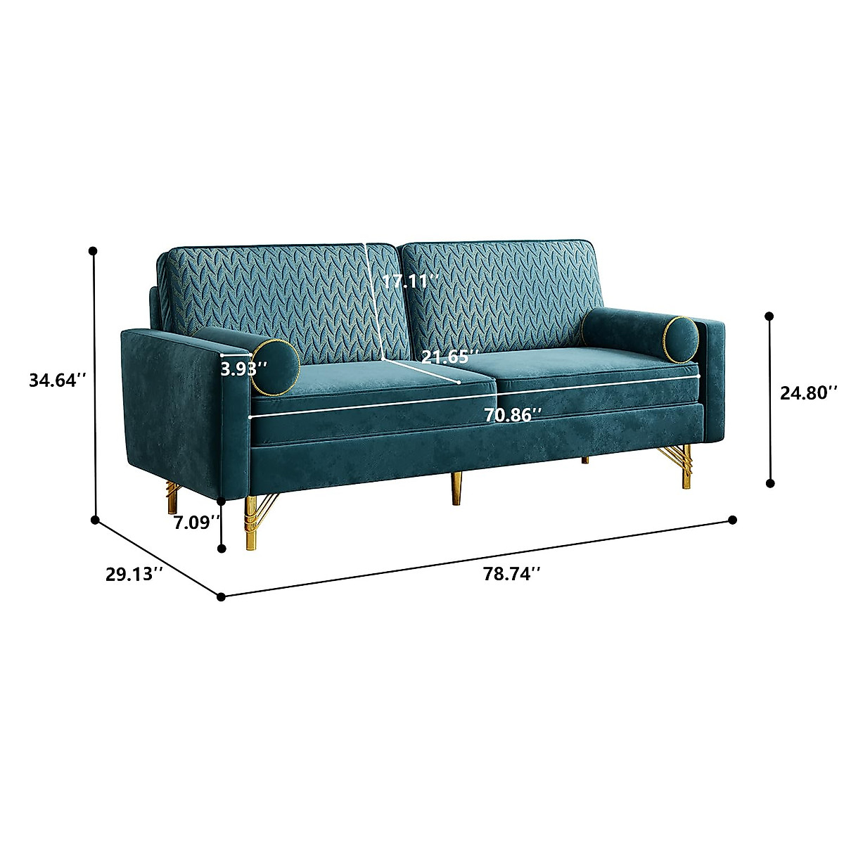 YaoYaoJia 79'' Luxury Velvet Sofa,Mid-Century Modern Loveseat with Bolster Pillows,3 Seater Sofa with Gold Metal Legs,Comfy Couches for Living Room Bedroom Apartment (Teal)
