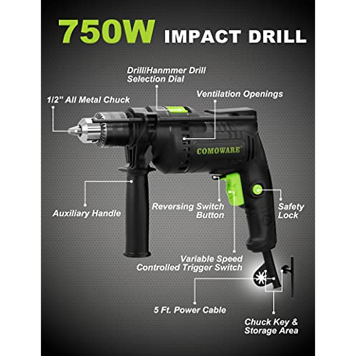 COMOWARE Hammer Drills for Concrete, 1/2 In. Corded Drill, Hammer Drill, Variable Speed 0-3000RPM, Max 48000BPM, Hammer & Drill 2-in-1 Concrete Drill, 6.5 Amp Power Hammer Drills with 10 Masonry Bits