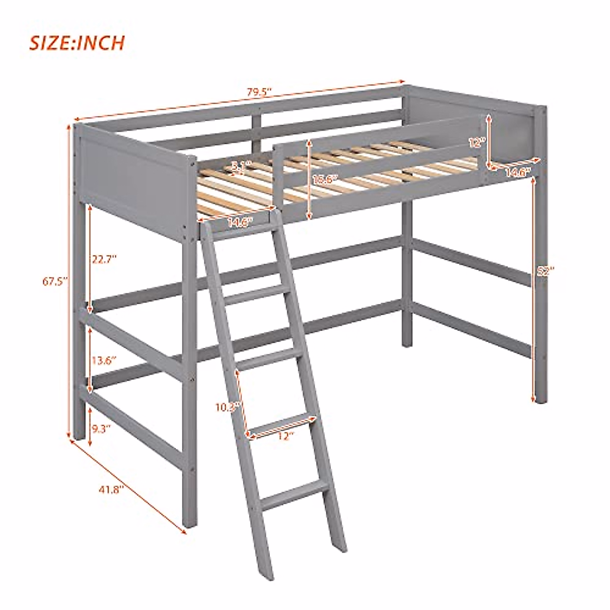 ODC Twin Loft Bed with Angle Ladder, Solid Wood Loft Bed with Safety Guardrail for Teenagers and Adults, High Loft Bed with Wooden Slats Support, No Box Spring Needed
