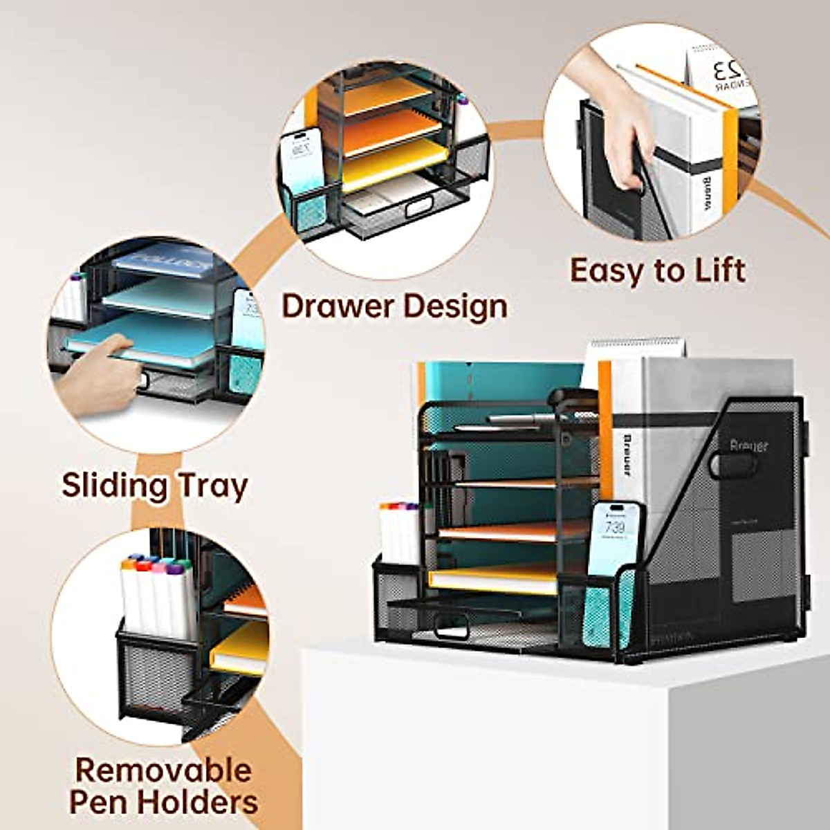 DALTACK Desk Organizer with File Holder, 5-Tier Paper Letter Tray Organizer with Magazine Holder and Drawer, Desk Organizers and Accessories for Office School Supplies, Black, Metal Mesh