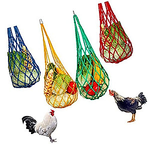 Camidy 4 Pack Chicken Feeding String Bag, Hanging Vegetable Cabbage Feeding Net Bags Snack Treat Feeding Holder Bag with Hook for Chickens Goose Duck Large Birds