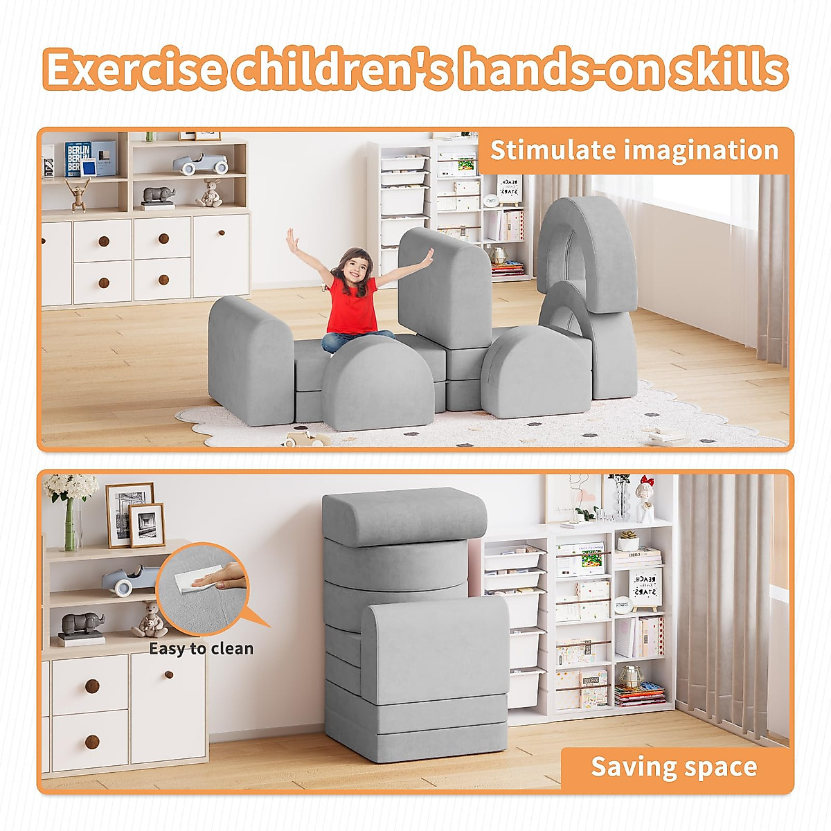 MOOITZ Modular Kids Play Couch, 10pcs Kids Play Couch for Playroom Bedroom, Convertible Modular Toddler Couch, Creative Kids Foam Sofa for Boys and Girls-Grey