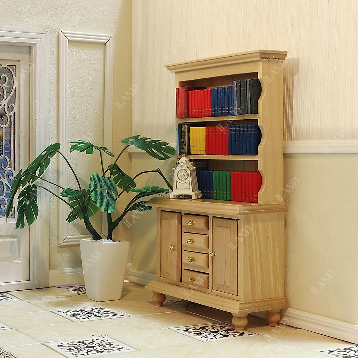 iLAND Miniature Wooden Dollhouse Furniture Set: Sofa, Cabinets, Coffee Table for Dollhouse Living Room (Classic Doll Furniture 7pcs)