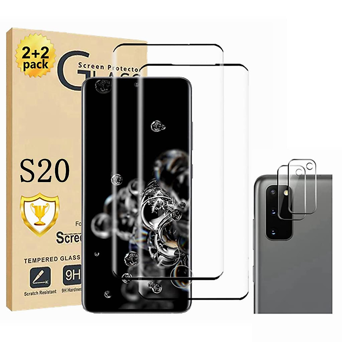 Micger Galaxy S20 Screen Protector, 2 Pack Tempered Glass Screen Protector【2+2 Pack】2 Pack Camera Lens Protector, Compatible Fingerprint, 3D Glass 9H Hardness Tempered Glass Screen Protector for