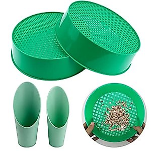 LNQ LUNIQ 4Pcs Round Garden Soil Sieve Tray Sand Sifter with Cylinder Shovels for Small Gravel, Soil, Sand Sieving Work