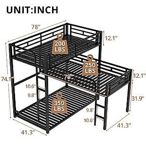 INCLAKE Metal Triple Bunk Bed, L-Shaped Bunk Bed for 3, Twin Size Bunk Bed Frame with Full-Length Guardrails & Long & Short Ladders, Space Saving Bunk Bed for Children, No Box Spring Needed, Black