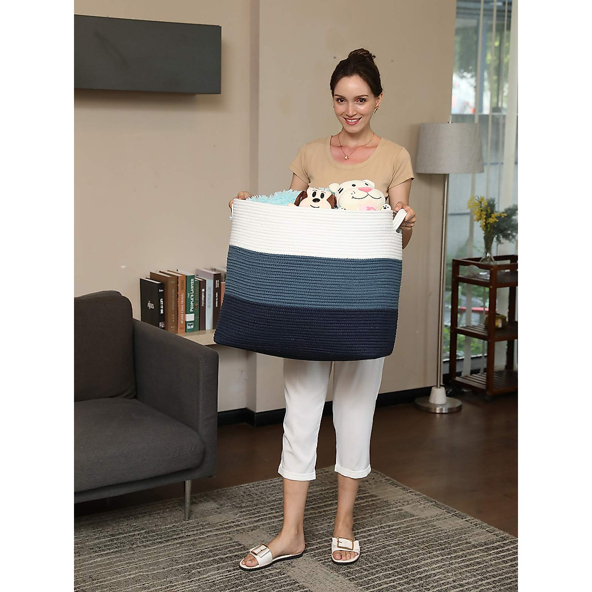 22"x14"x18" Mega Size Rectangular Extra Large Storage Basket, Rectangular Cotton Rope Storage Baskets, Woven Laundry Hamper, Cloth Storage Bin, for Clothes Blanket in Living Room, Dark Blue/Deep Blue