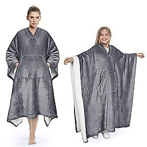 Tirrinia Sherpa Wearable Blanket Super Soft Comfy Plush Fleece Poncho for Adult Women, Men, Girlfriend, Kids Throw Wrap Cover Indoors or Outdoors, 55''x 80'' Grey