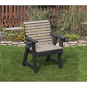 ECOMMERSIFY INC Weathered Wood-Poly Lumber ROLL Back Poly Resin 2 FEET Patio Garden Chair with Cupholder arms Heavy Duty Everlasting PolyTuf HDPE - Made in USA - Amish Crafted