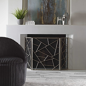 Modern Abstract Silver Panels Fireplace Screen | Tiled Shapes Champagne
