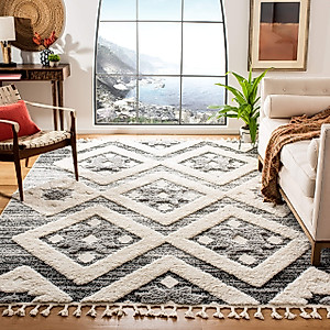 SAFAVIEH Moroccan Tassel Shag Collection Accent Rug - 3' x 5', Grey & Ivory, Boho Design, Non-Shedding & Easy Care, 2-inch Thick Ideal for High Traffic Areas in Foyer, Living Room, Bedroom (MTS664G)