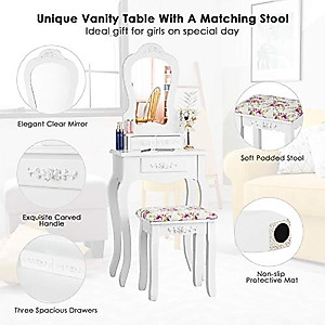 Giantex Vanity Set with 3 Drawers and Cushioned Stool, Makeup Dressing Table for Bathroom Bedroom Small Space, Vanity Table and Bench for Kids Girls Women Gifts (White)
